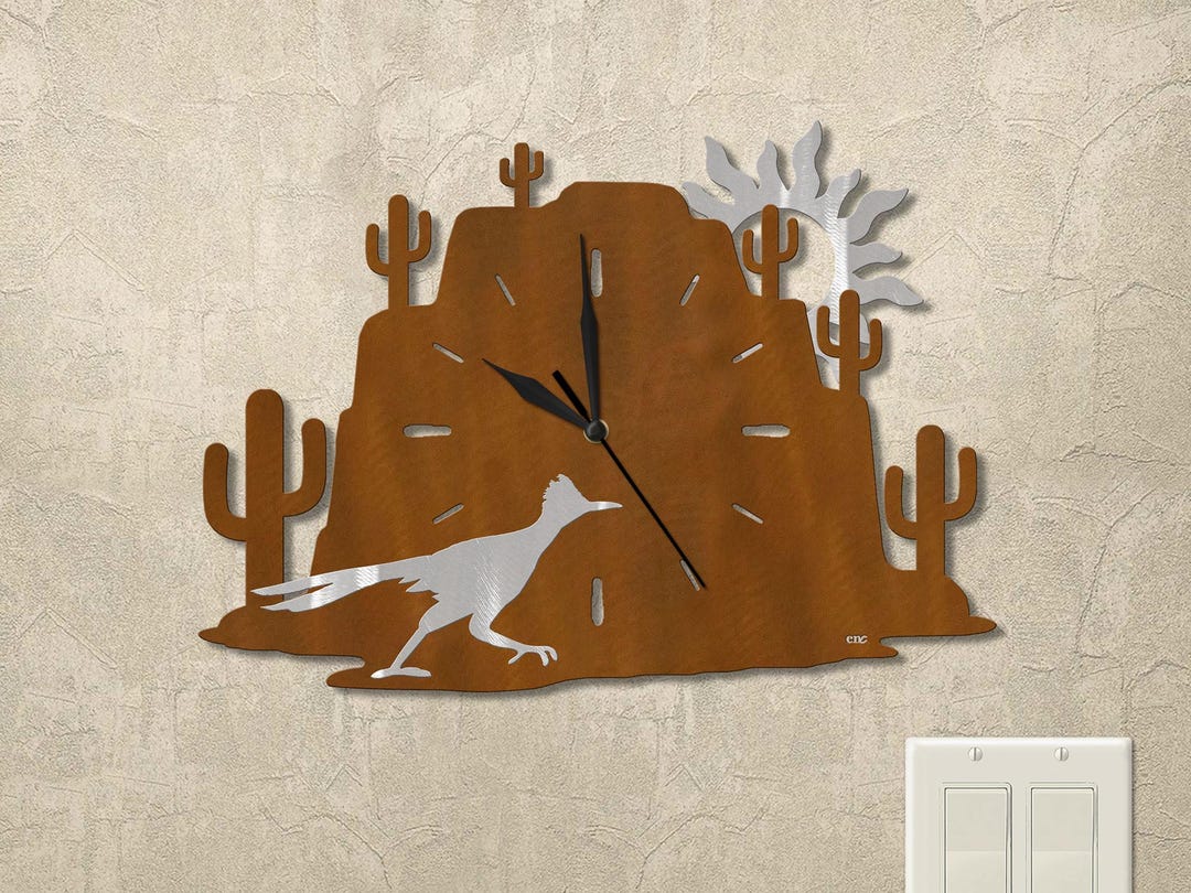 Roadrunner Cactus Mountain Wall Clock - Southwest Decor in Black or ...