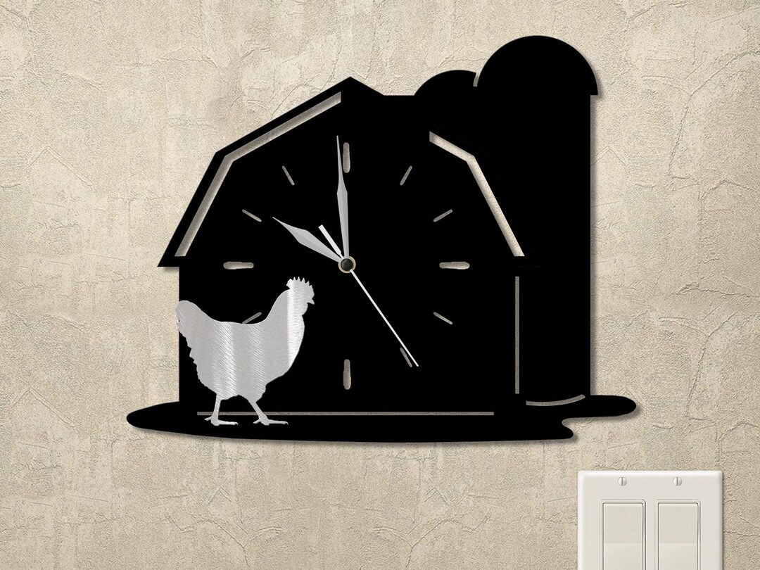 Chicken Metal Wall Clock: Barn Scene Country Decor - 15in in Black or ...