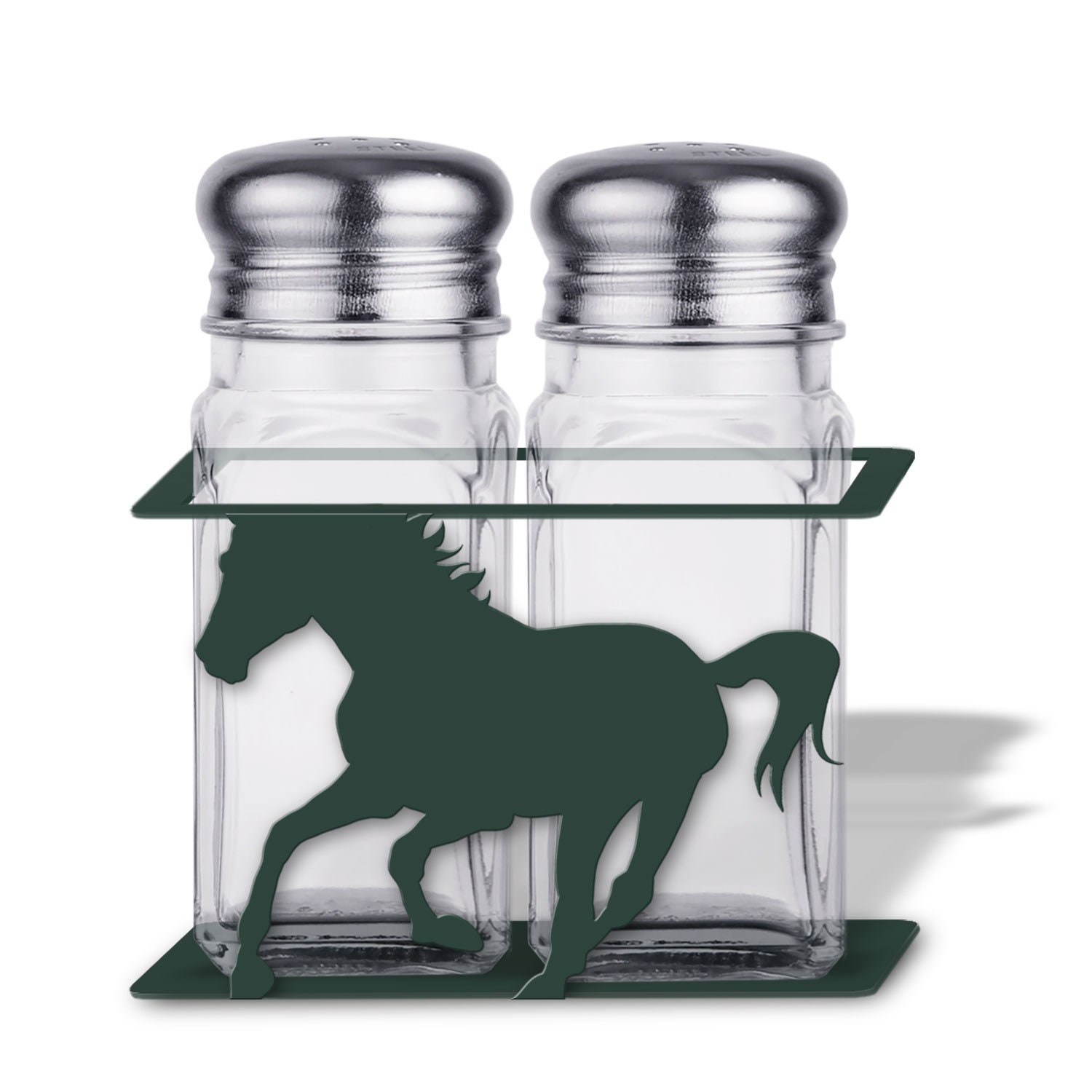 Western Theme Running Horse Metal Salt and Pepper Holder Set With Glass ...