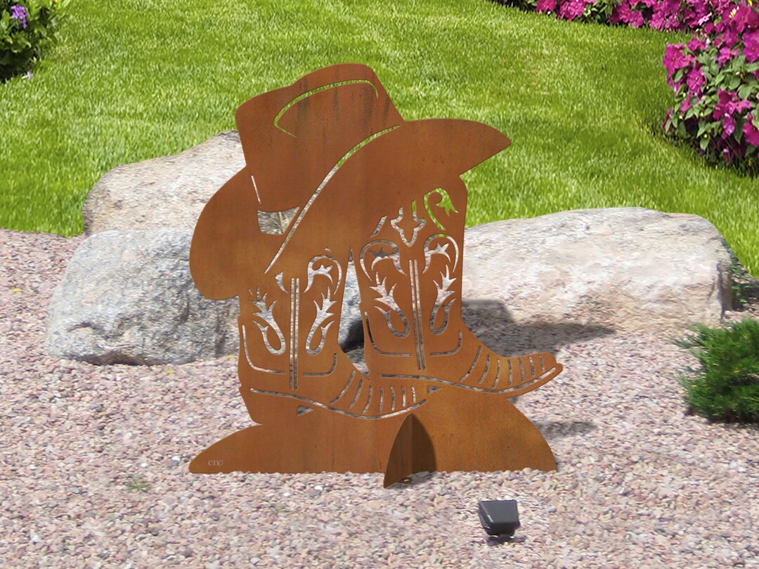 36in Tall Boots Hat Western Decor Rust Metal Sturdy Outdoor Yard Art ...