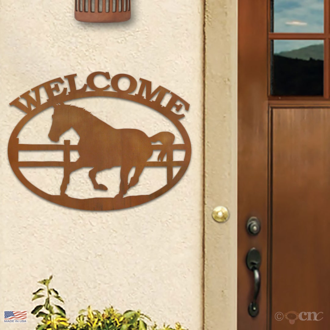 Western Theme Horse in Corral 34in Oval Sealed Rust Metal Outdoor ...