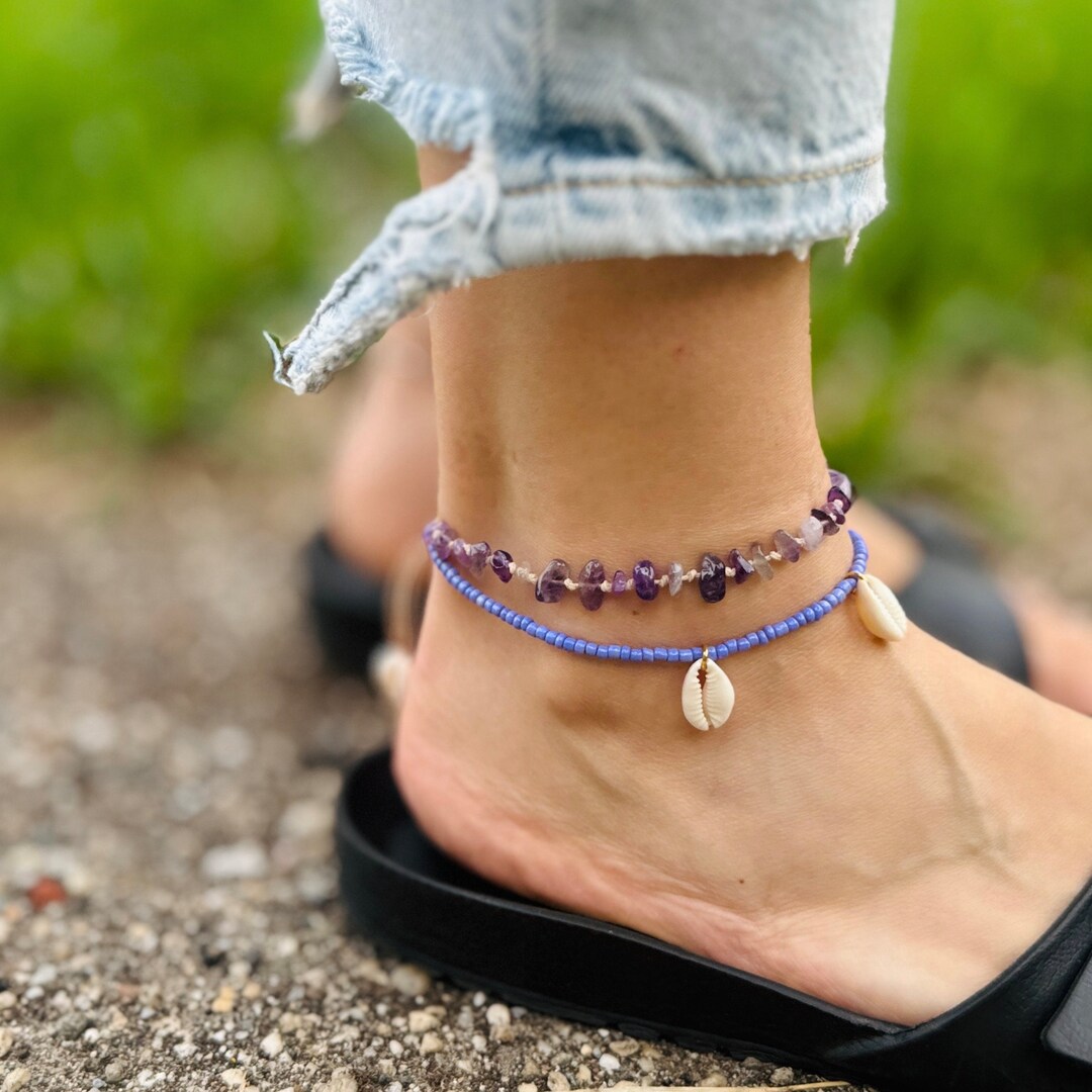 Amethyst Anklet With Natural Shell Charms Raw Gemstone Beach Jewelry ...