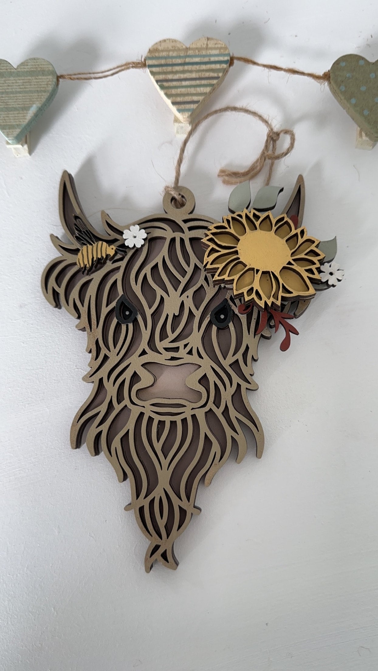 Sunflower and Bee Highland Cow Plaque, Personalised Geometric Hanging ...