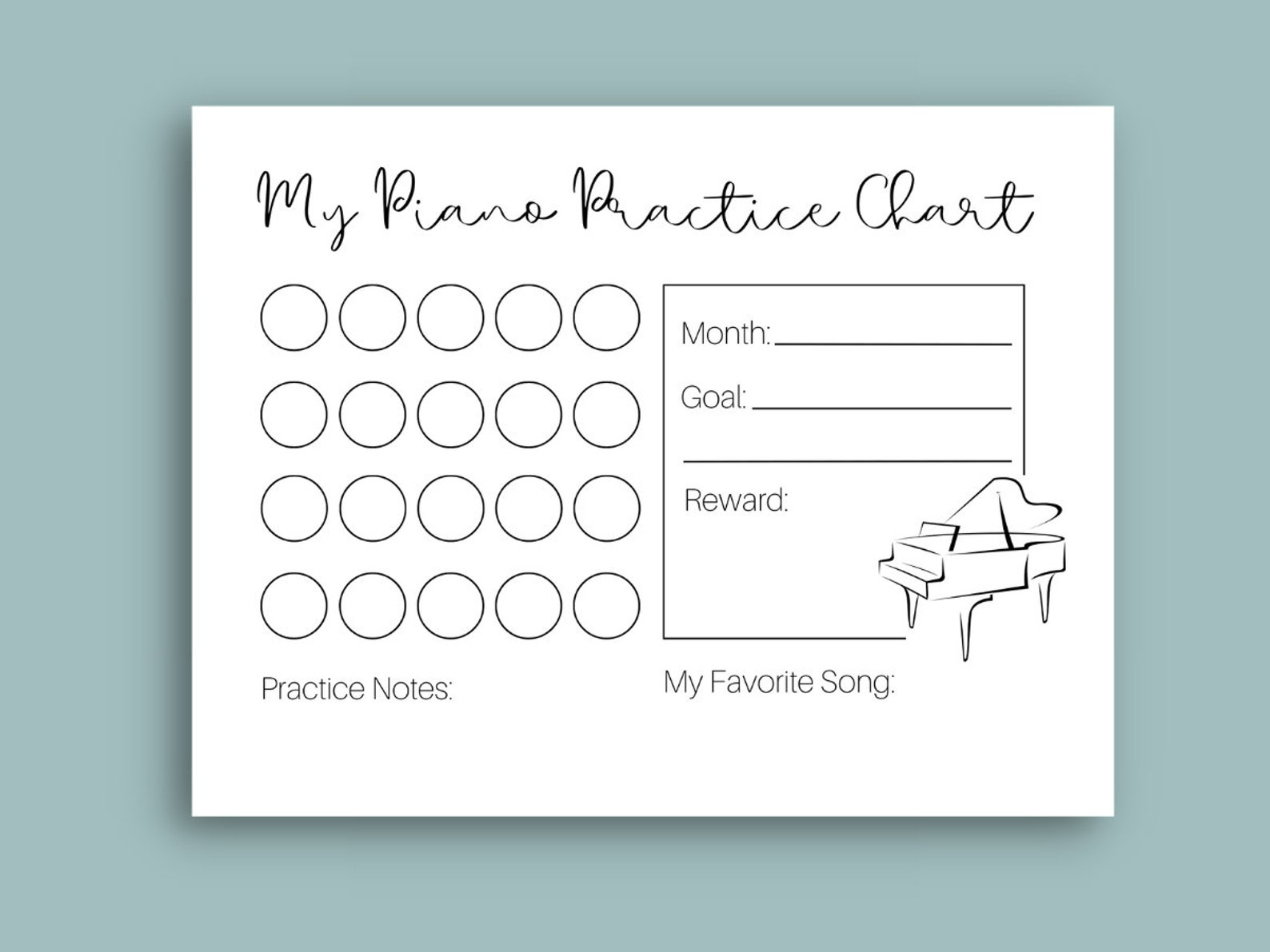 Piano Practice Chart Piano Practice for Kids Piano Teacher - Etsy