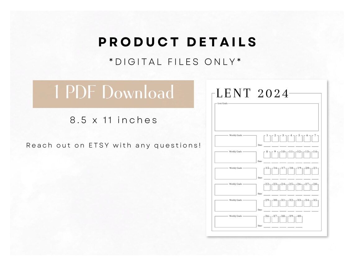 40 Days of Lent Goal Tracker 2024 | Daily Lent | Lenten Planner | 40 ...