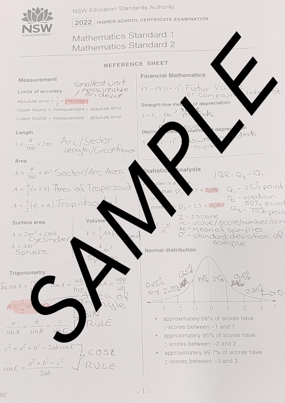 HSC Standard Math Annotated Formula Sheet - Etsy