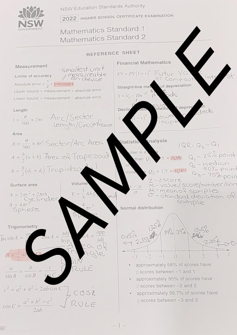 HSC Standard Math Annotated Formula Sheet - Etsy