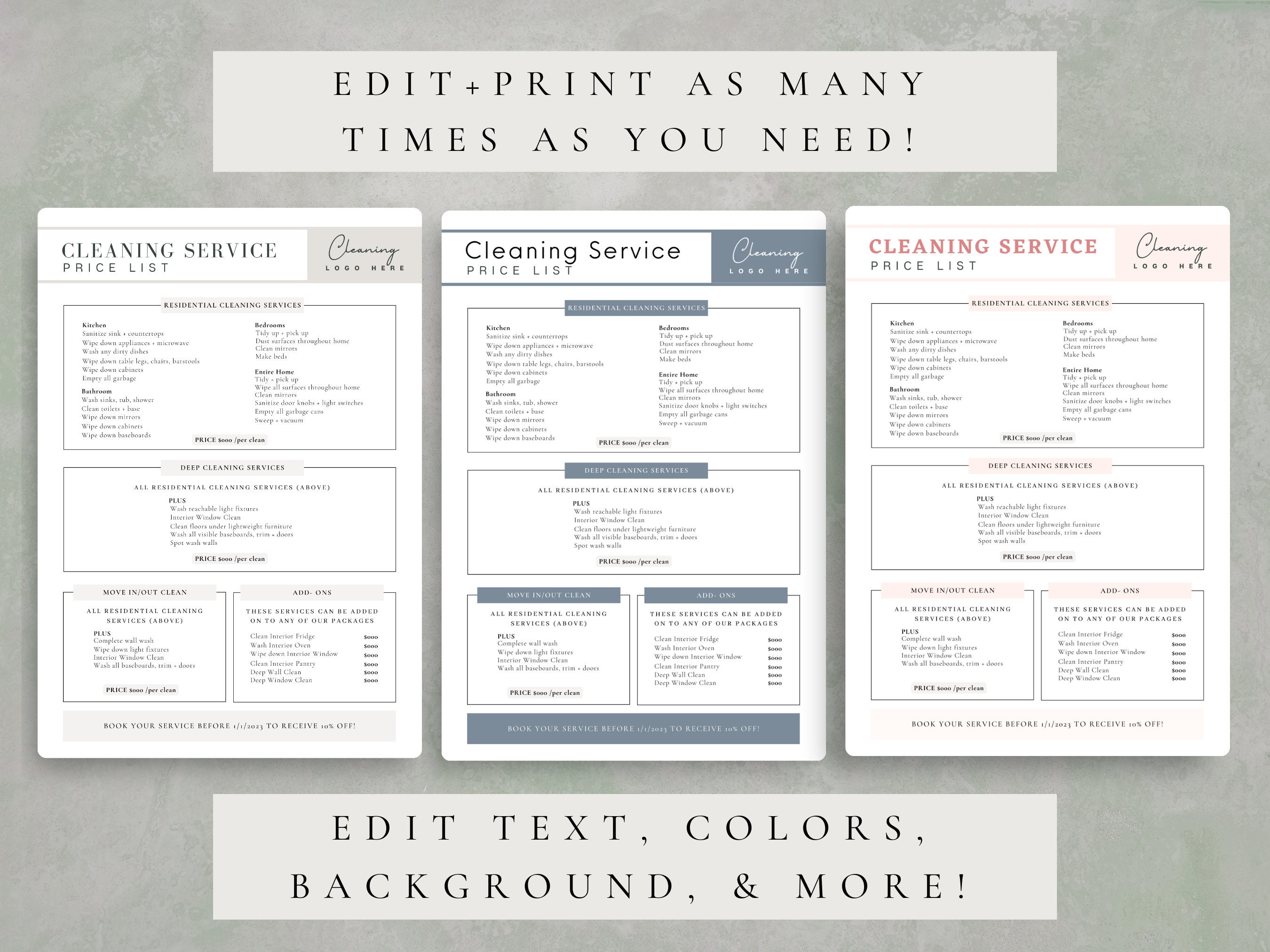 Professional Cleaning Service Pricing List,editable Pricing List,house ...