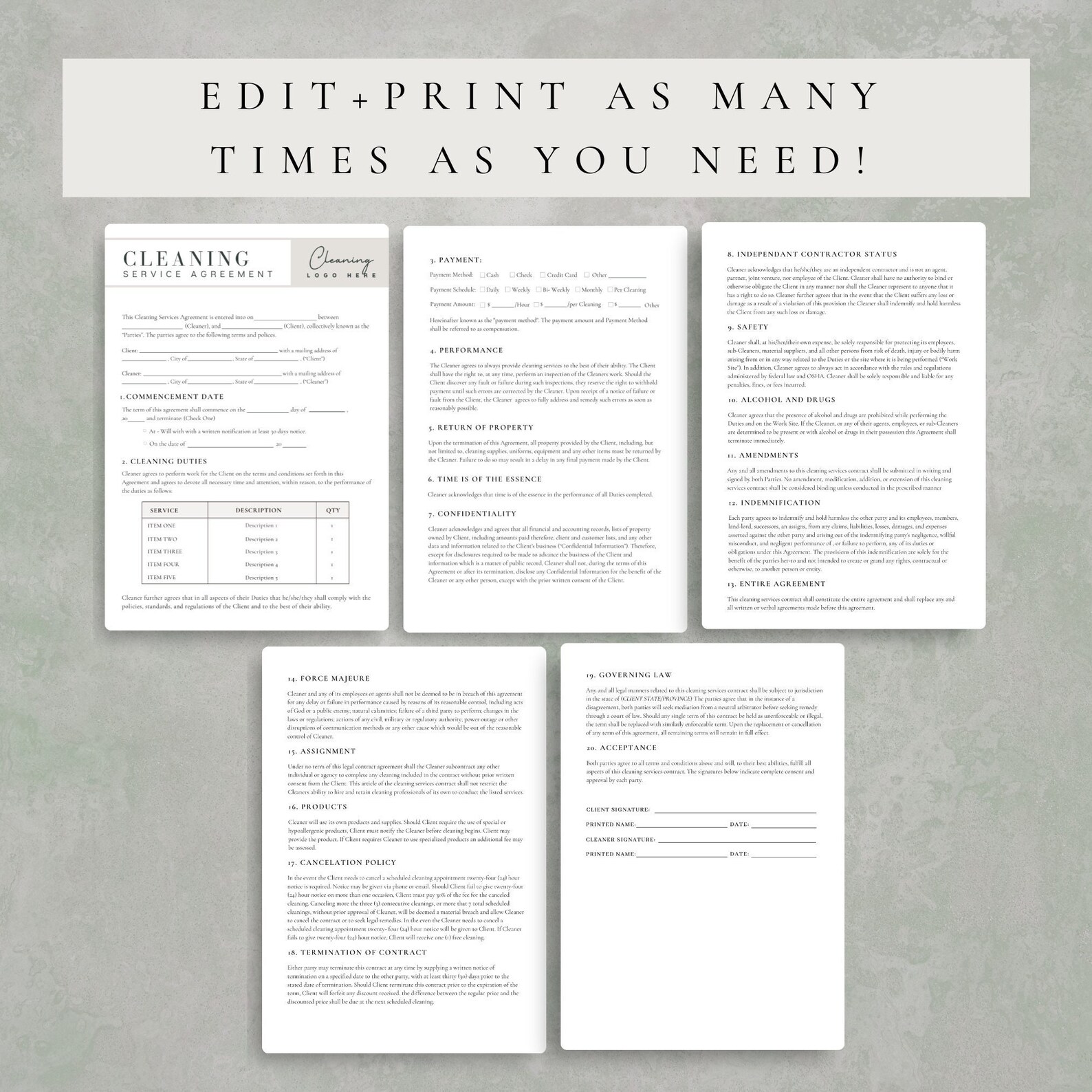 Editable Cleaning Services Agreement, Cleaning Contract, Cleaning ...