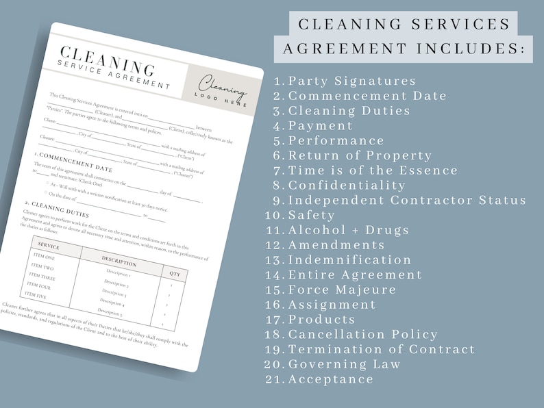 Editable Cleaning Services Agreement, Cleaning Contract, Cleaning ...