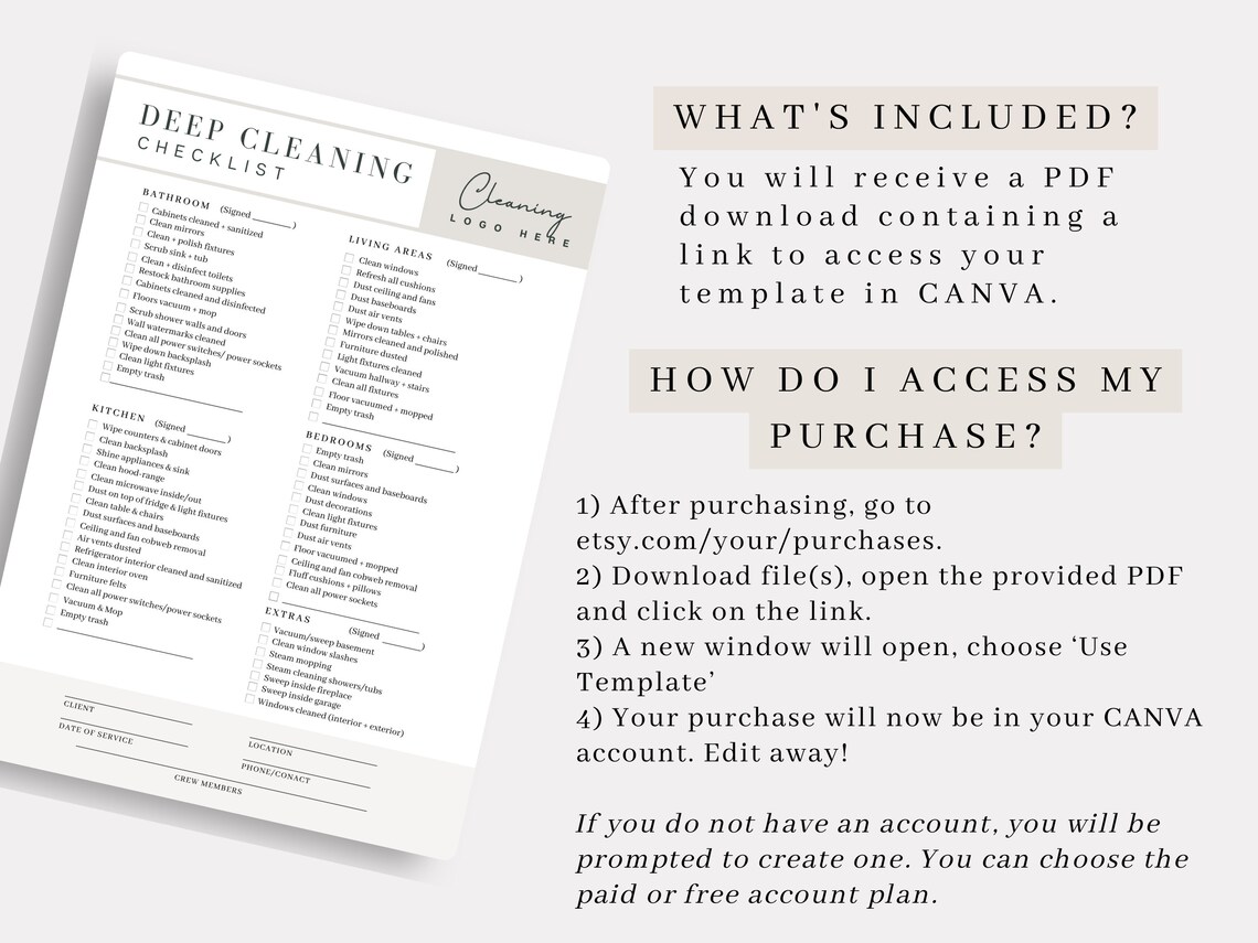 Professional Residential Deep Cleaning Checklist, Editable House Deep Cleaning Template, Deep ...