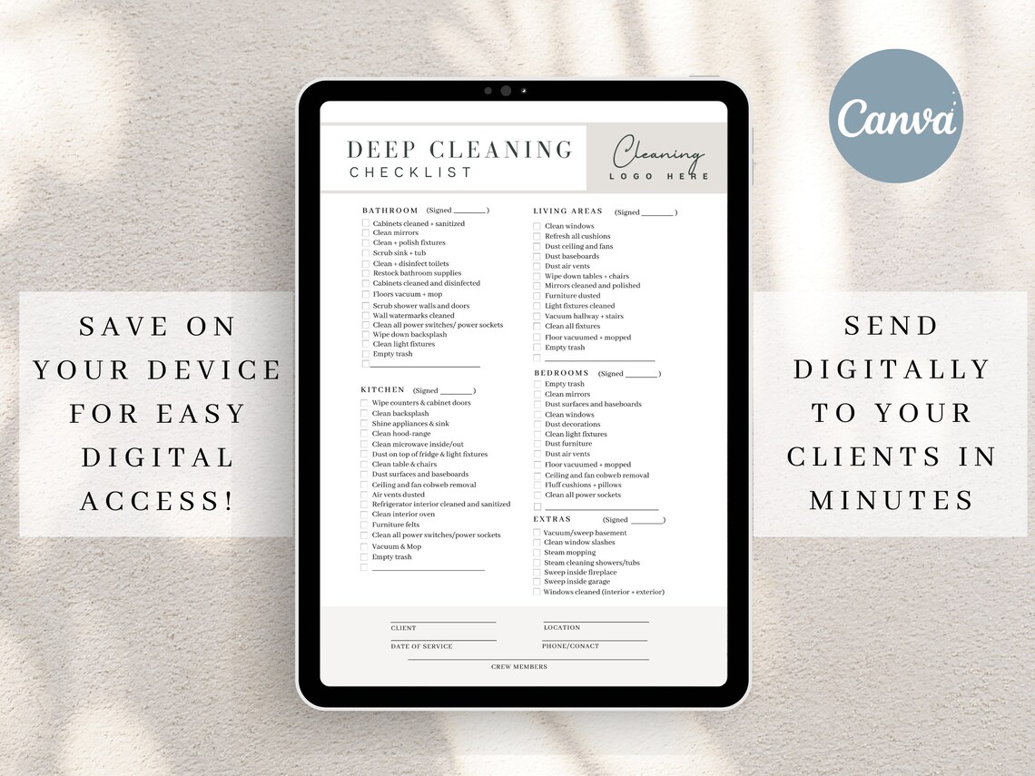 Professional Residential Deep Cleaning Checklist, Editable House Deep Cleaning Template, Deep ...