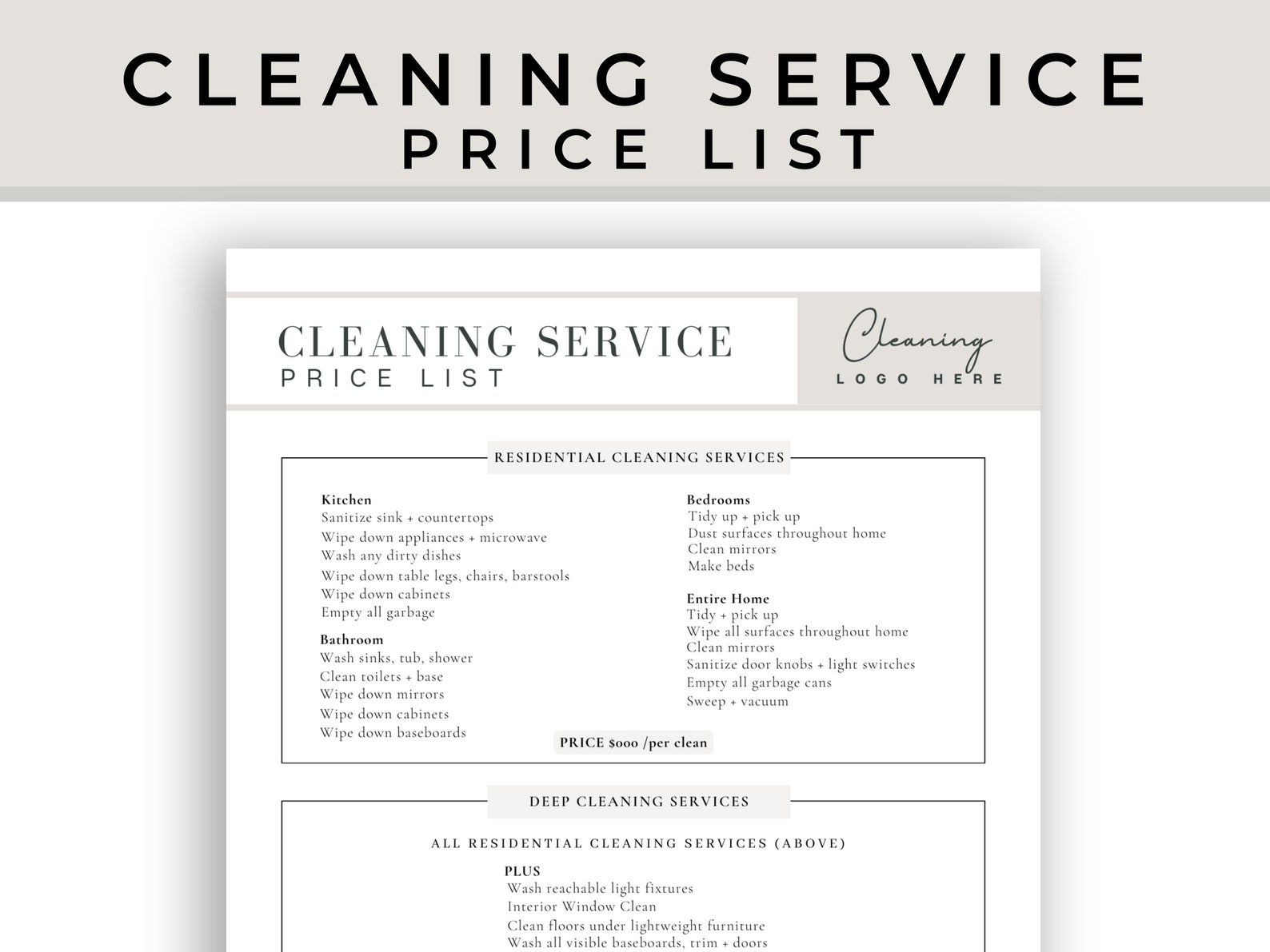 Professional Cleaning Service Pricing List,editable Pricing List,house Cleaning Template ...