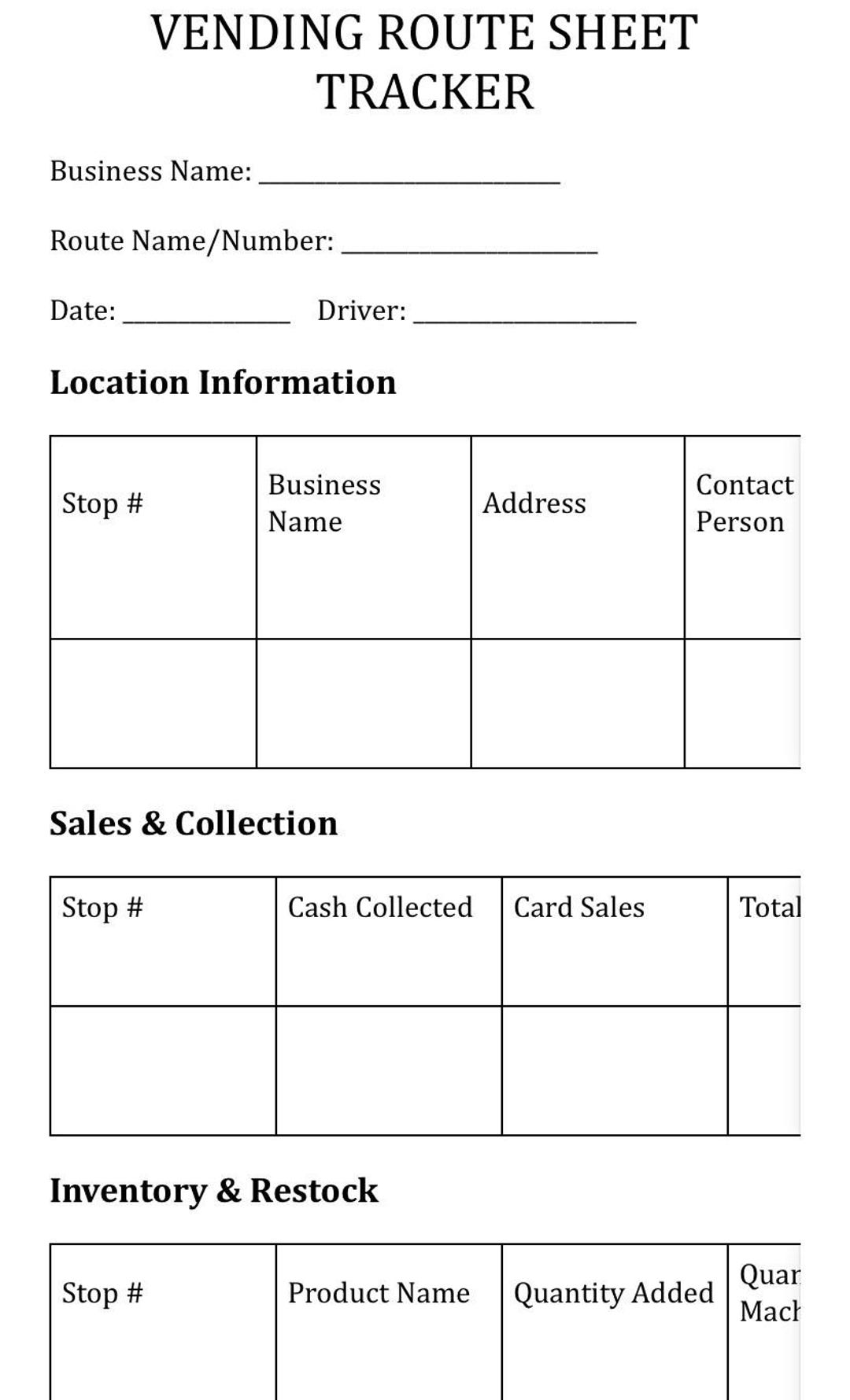 Vending Route Tracker Sheet – Printable PDF & Word Document - Etsy