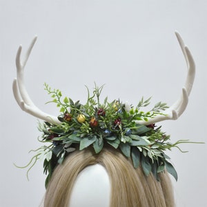 Fairy Woodland Elf Leaf Antler Crown, Green Wood White Horn Headband ...