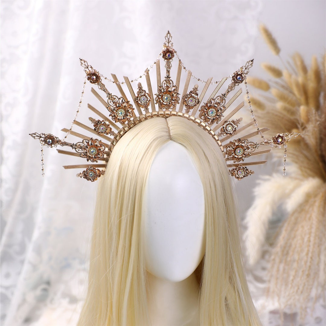 Gold Wedding Spiked Crown Halo Golden Tiara With Chain,fairy Brida Hair ...