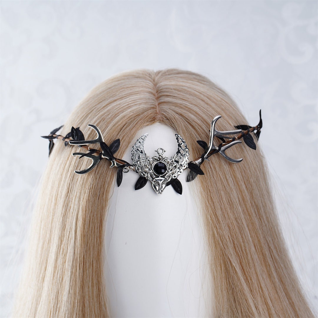 Witch Moon Antler Tiara, Fairy Crown, Black Elf Headband, Woodland ...