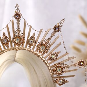 Gold Wedding Spiked Crown Halo Golden Tiara With Chain,fairy Brida Hair ...