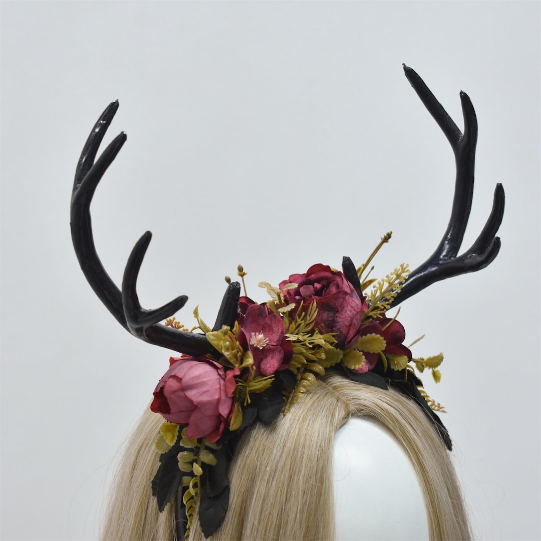 Fairy Horn Crown, Black Antler Headband, Elven Wedding Crown Floral ...