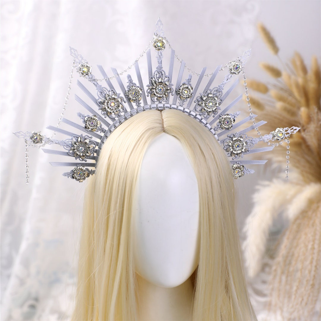 Silver Wedding Spiked Crown Halo Gold Tiara With Chain,fairy Brida Hair ...