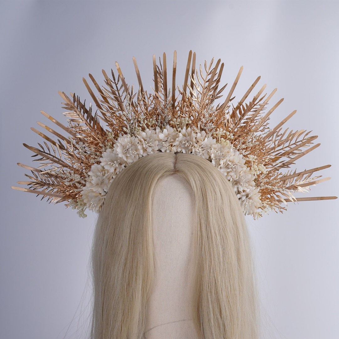 Gold Floral Wedding Halo Crown, Boho Wedding Headband, Bridal Tiara ...