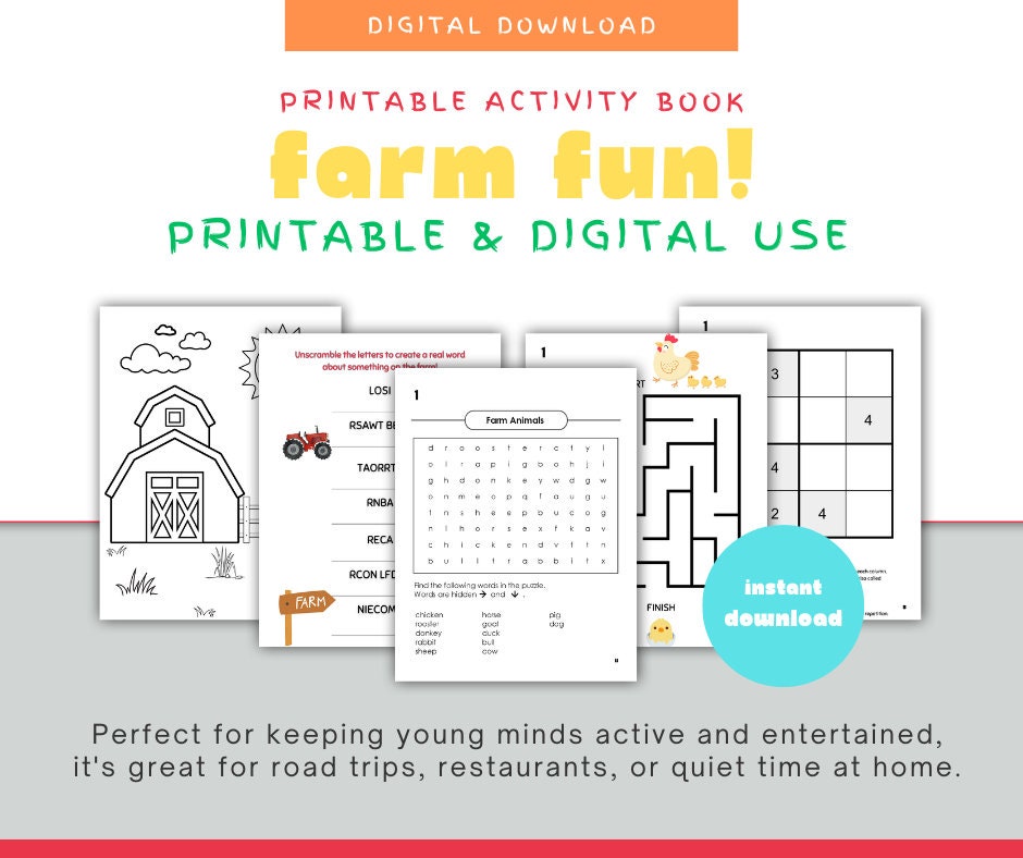 Farm Fun! Kids Activity Book | Digital Download | Printable Activity ...