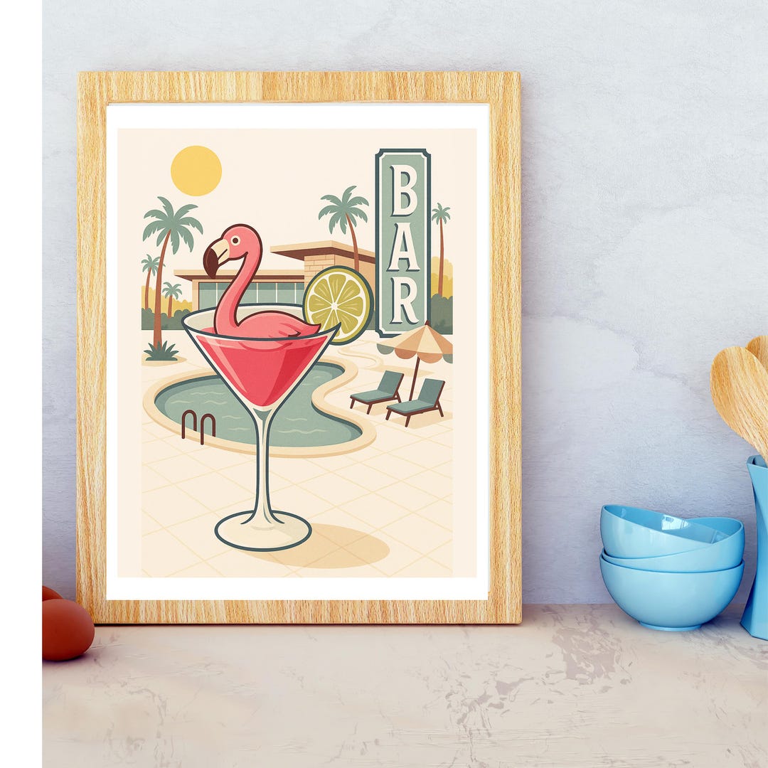 Retro Flamingo Pool Bar Print: Mid-century Modern Cocktail Decor ...