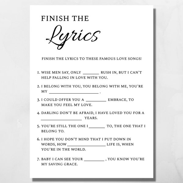 Finish the Lyrics - Etsy