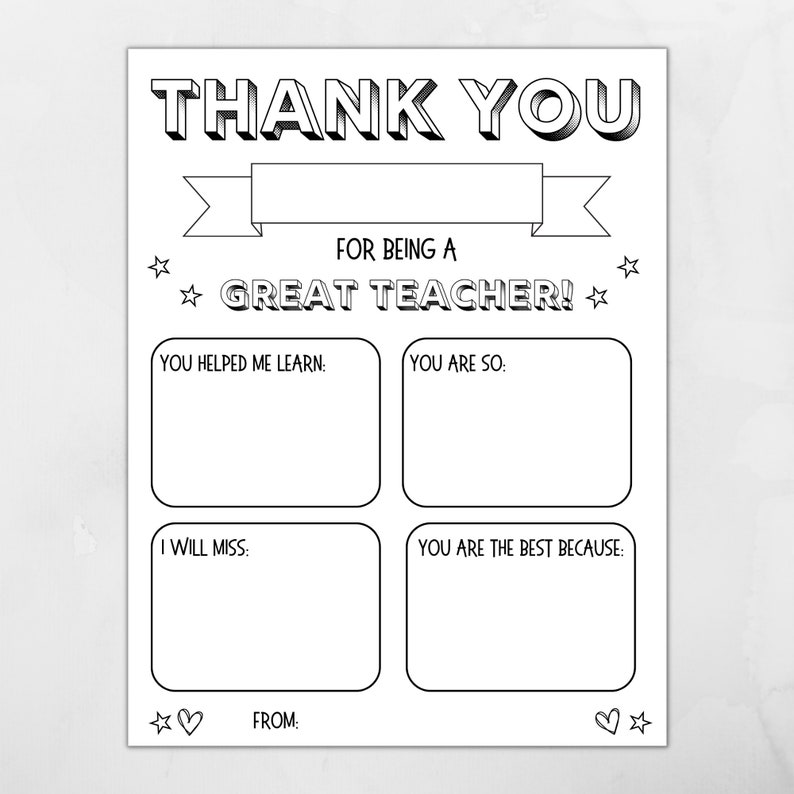 Teacher THANK YOU Worksheet - Black & White, Digital Download! - Etsy