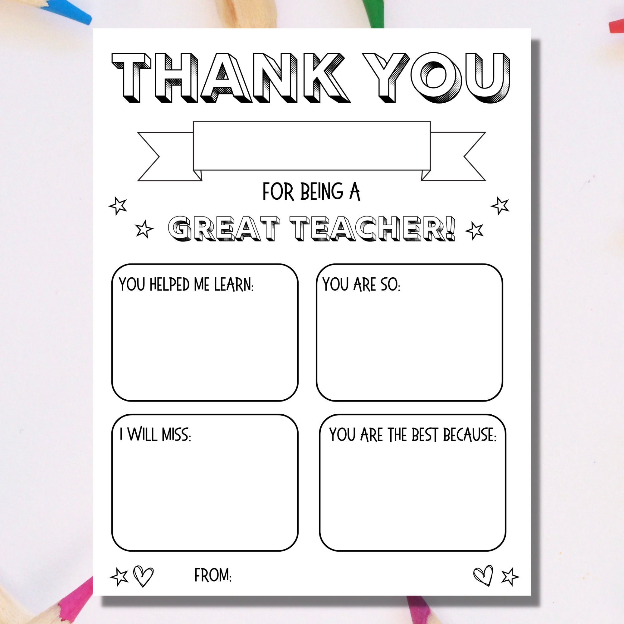 Teacher THANK YOU Worksheet Black & White, Digital Download - Etsy