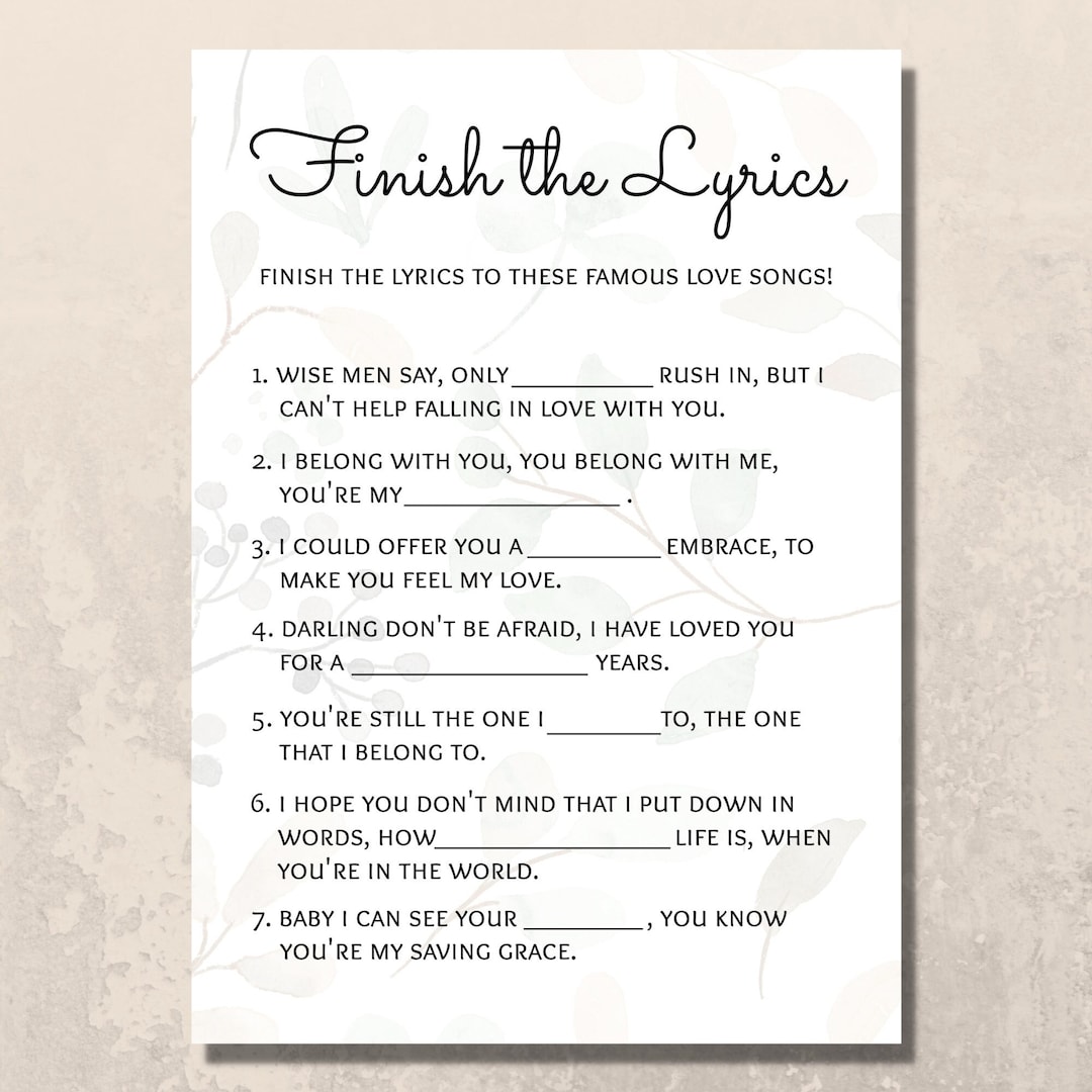 Finish the Lyrics Bridal Shower Game - Green/outdoors Theme - Etsy