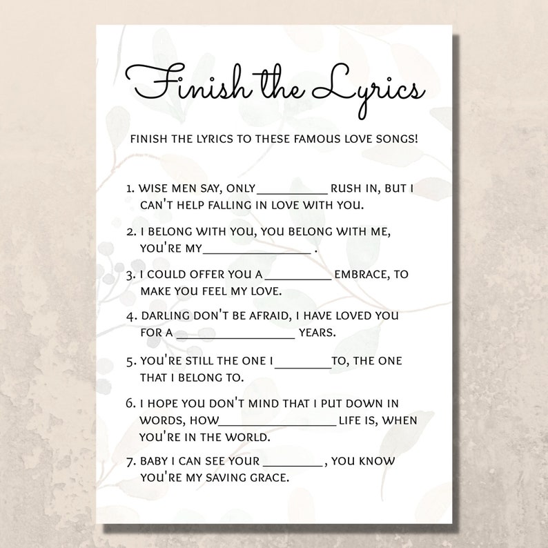 Finish the Lyrics Bridal Shower Game - Green/outdoors Theme - Etsy