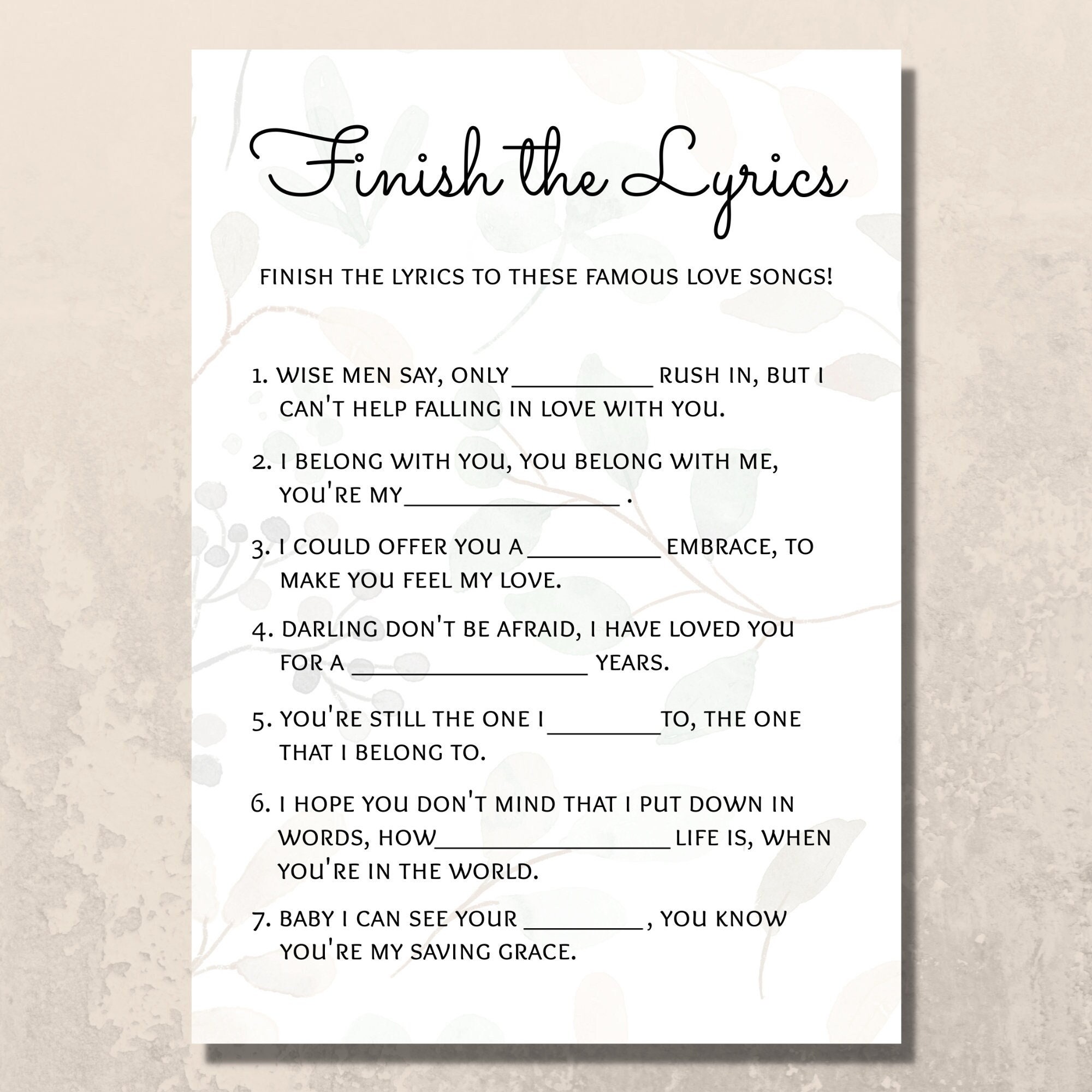 Finish the Lyrics Bridal Shower Game - Green/outdoors Theme - Etsy