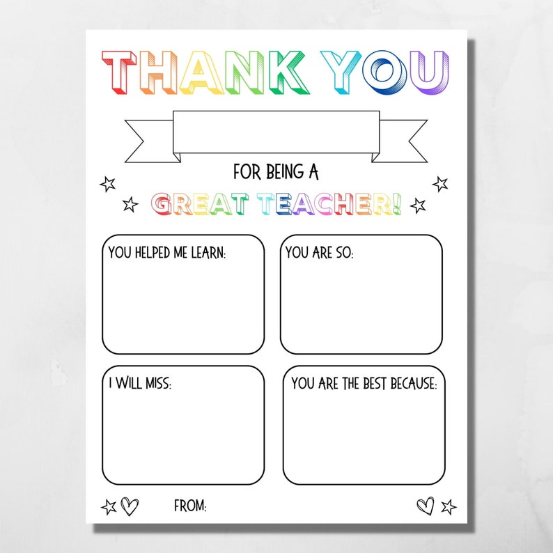 Teacher THANK YOU Worksheet - Digital Download! - Etsy