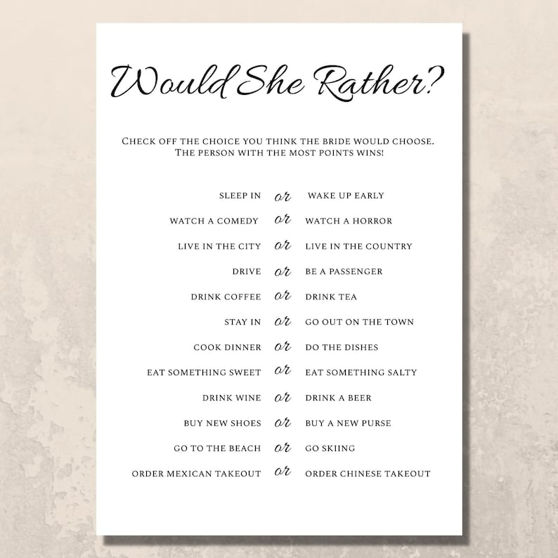 Would She Rather? Bridal Shower Game - Etsy