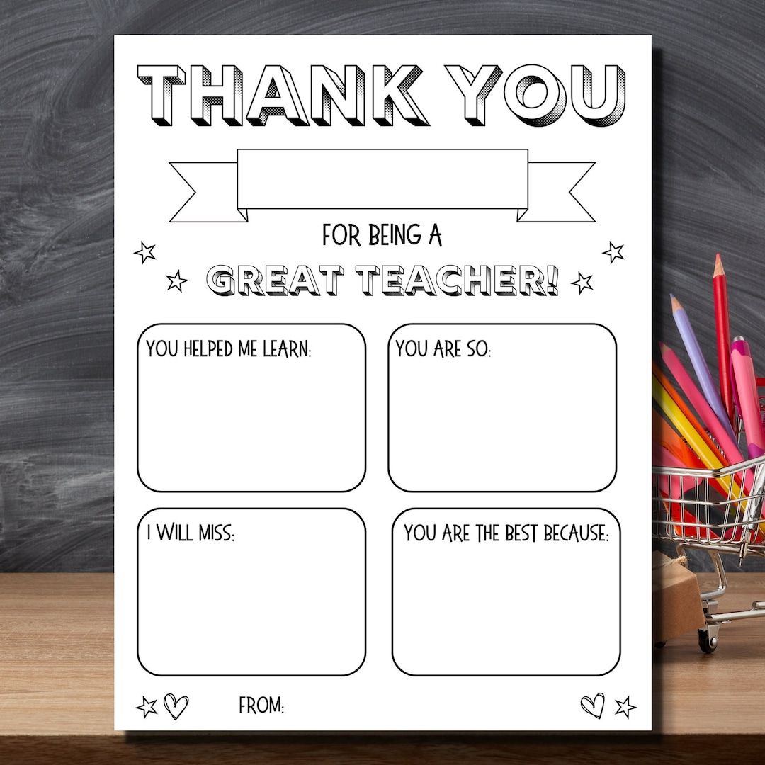 Teacher THANK YOU Worksheet - Black & White, Digital Download! - Etsy