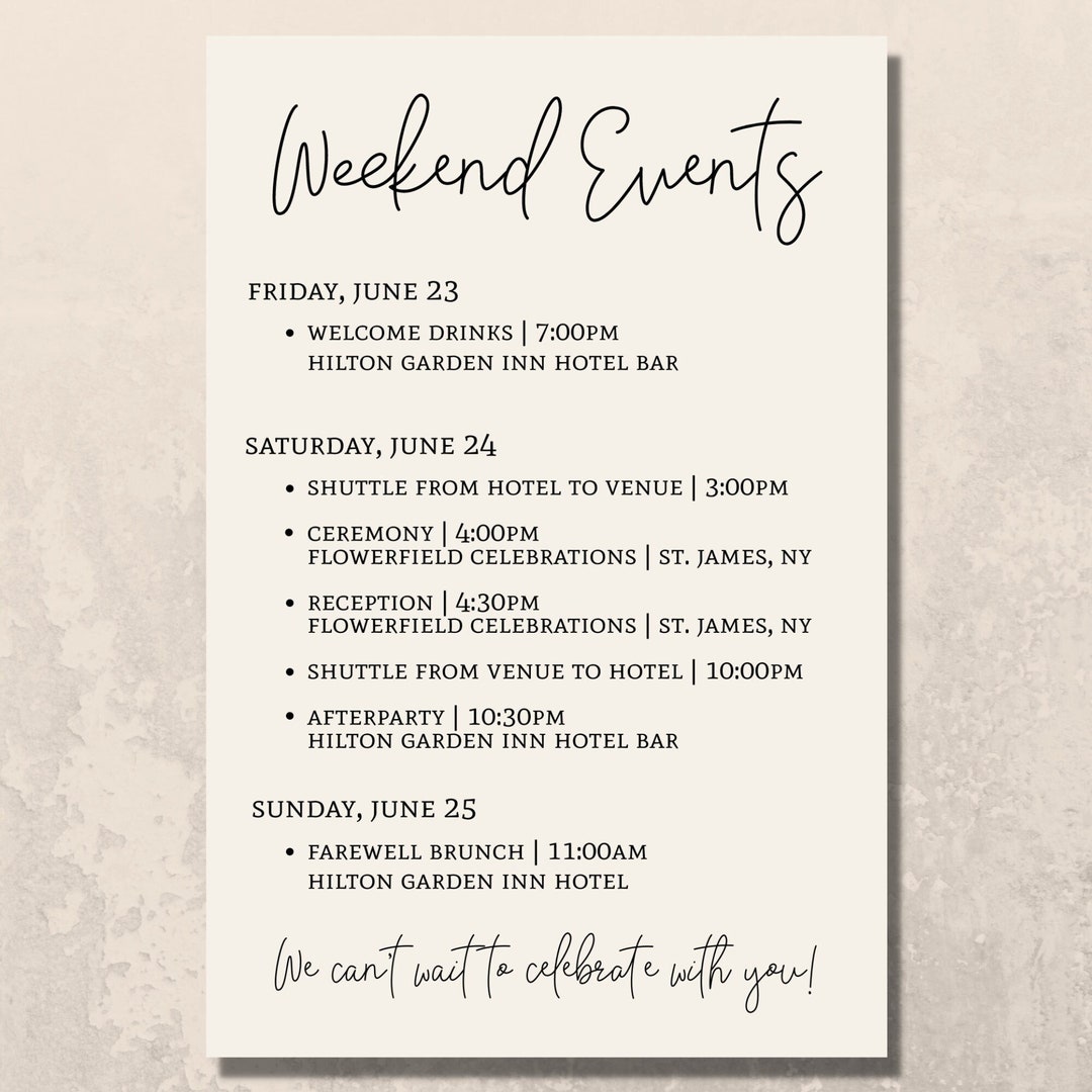 Weekend Events Itinerary for Wedding Hotel Bags - Etsy