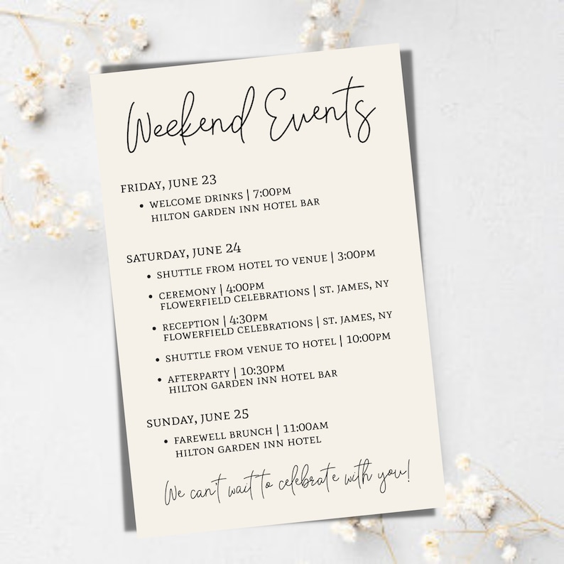 Weekend Events Itinerary for Wedding Hotel Bags - Etsy