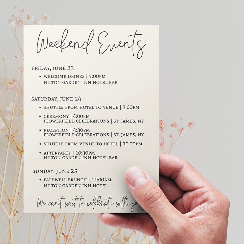 Weekend Events Itinerary for Wedding Hotel Bags - Etsy