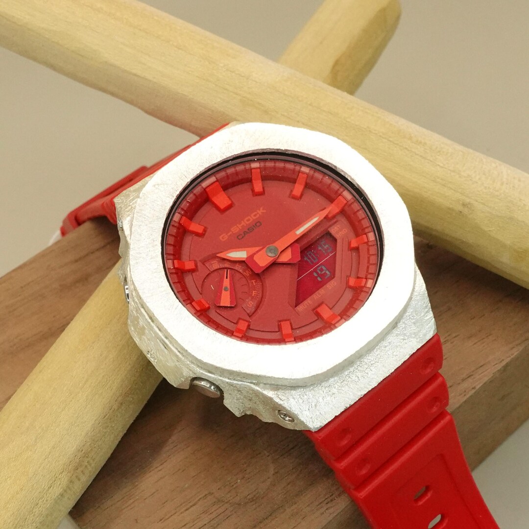 Sterling Silver G Shock GA2100 Silver G Shock Bezel Silver Red Watch ...