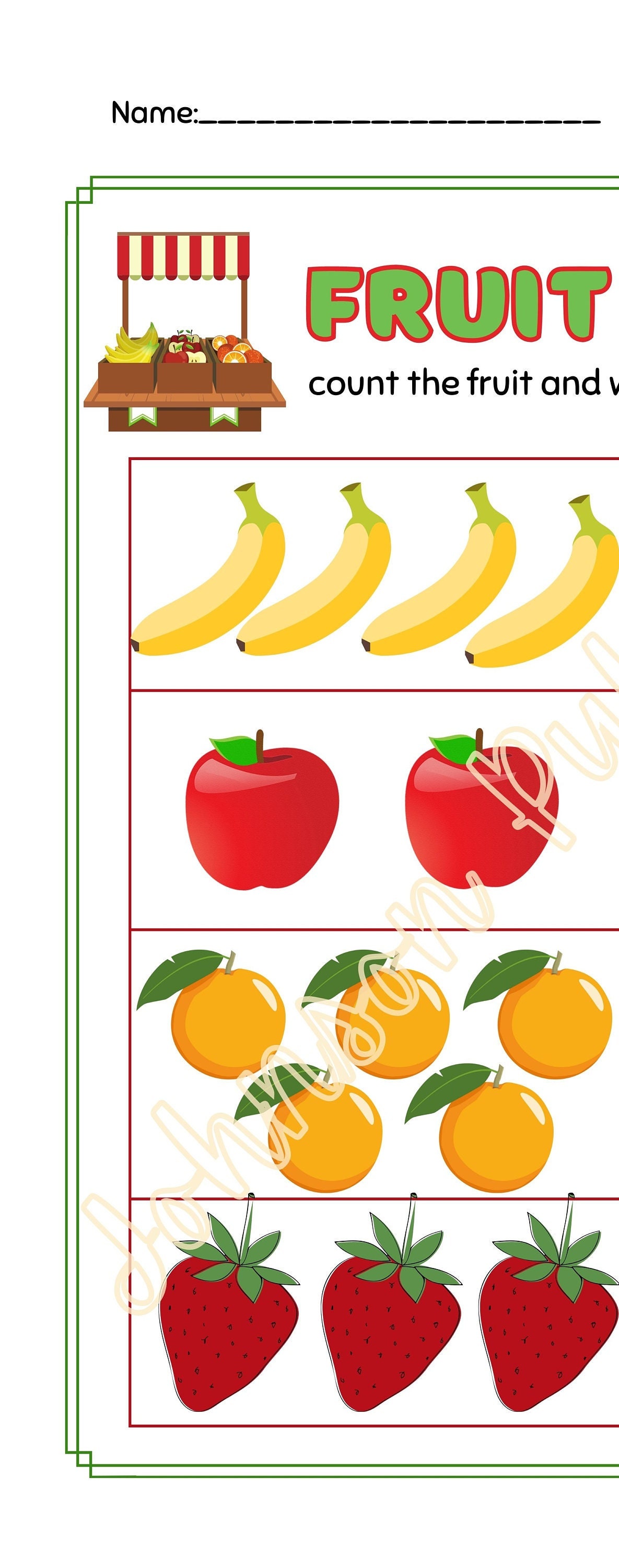 Counting Practice Worksheet: Fruit. Printable, Digital, Worksheet ...