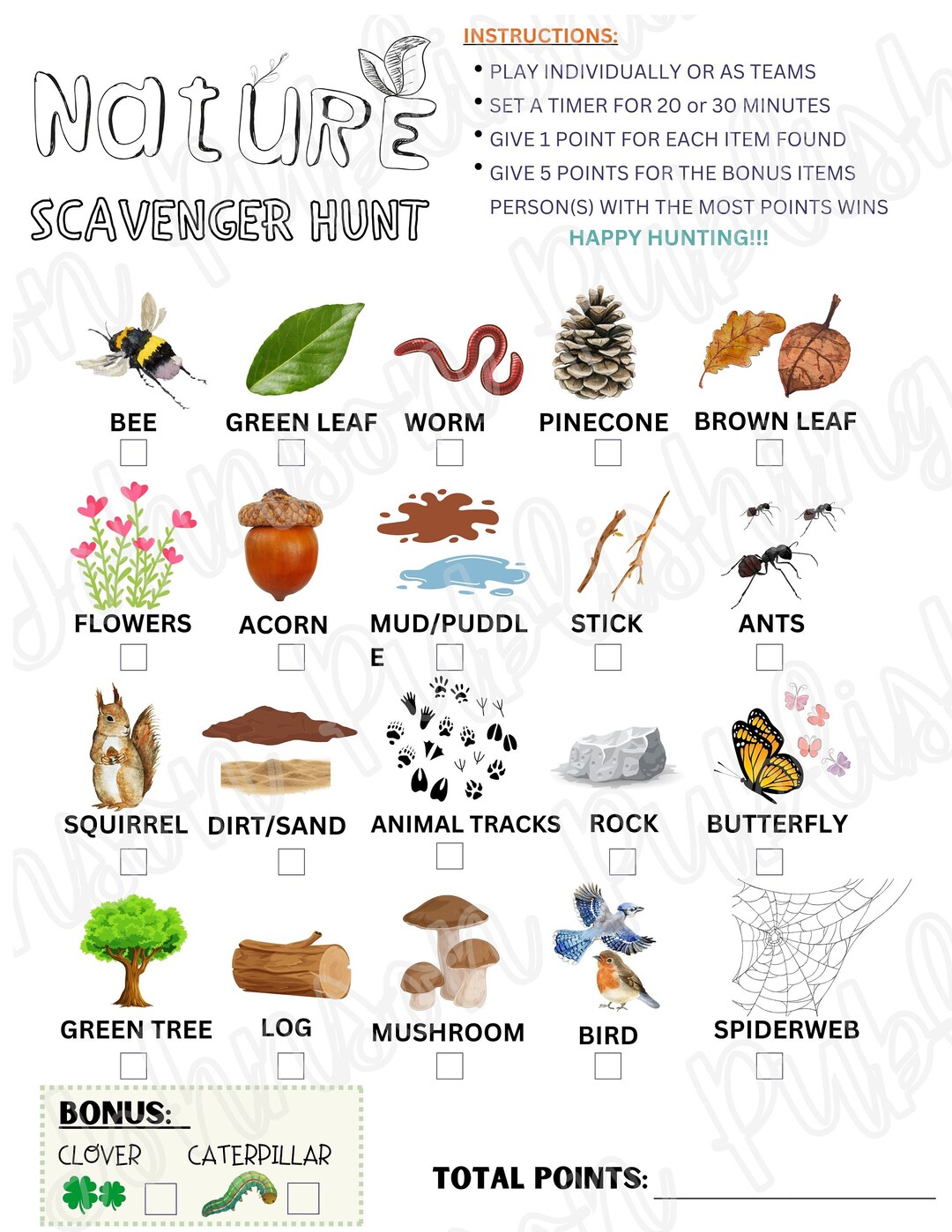 NATURE SCAVENGER HUNT Outdoor, Kids, Family Activity Game, Printable ...
