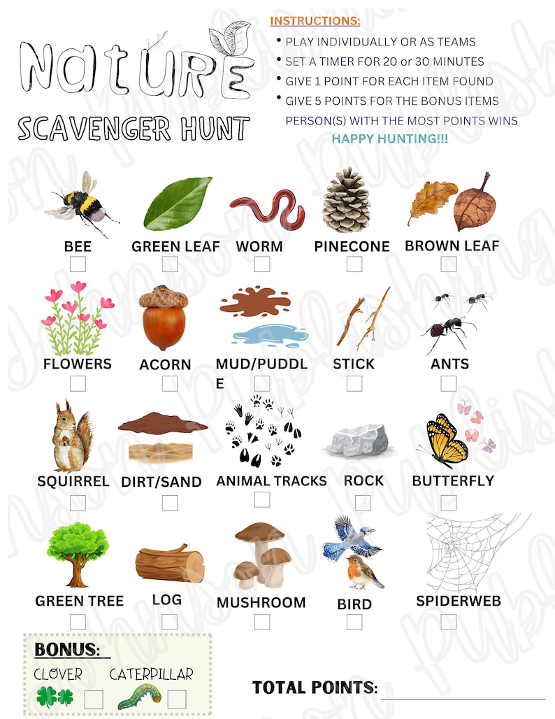 NATURE SCAVENGER HUNT Outdoor, Kids, Family Activity Game, Printable ...