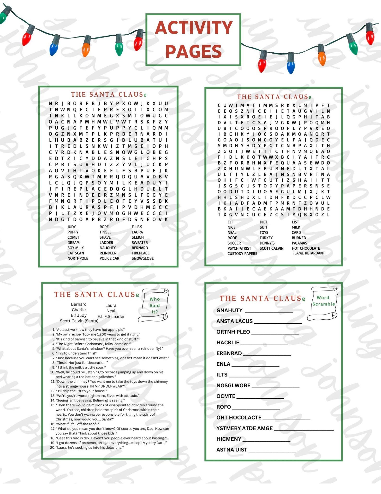 THE SANTA Clause Family Movie Night Activity Kit , Printable Instant ...
