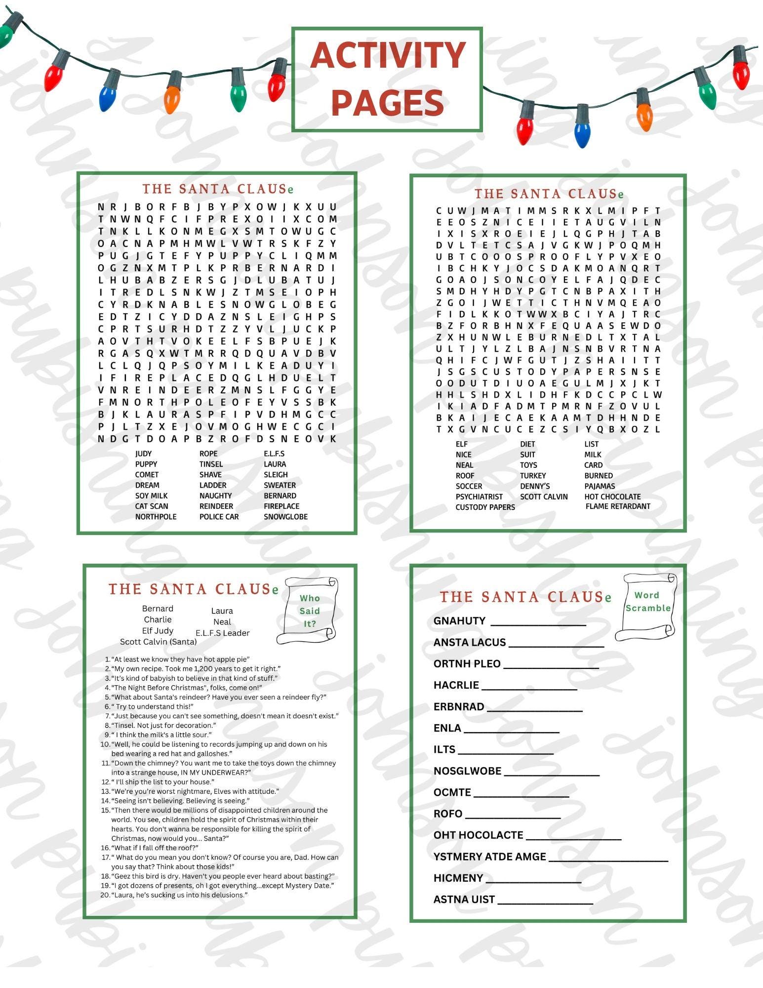 THE SANTA Clause Family Movie Night Activity Kit , Printable Instant ...