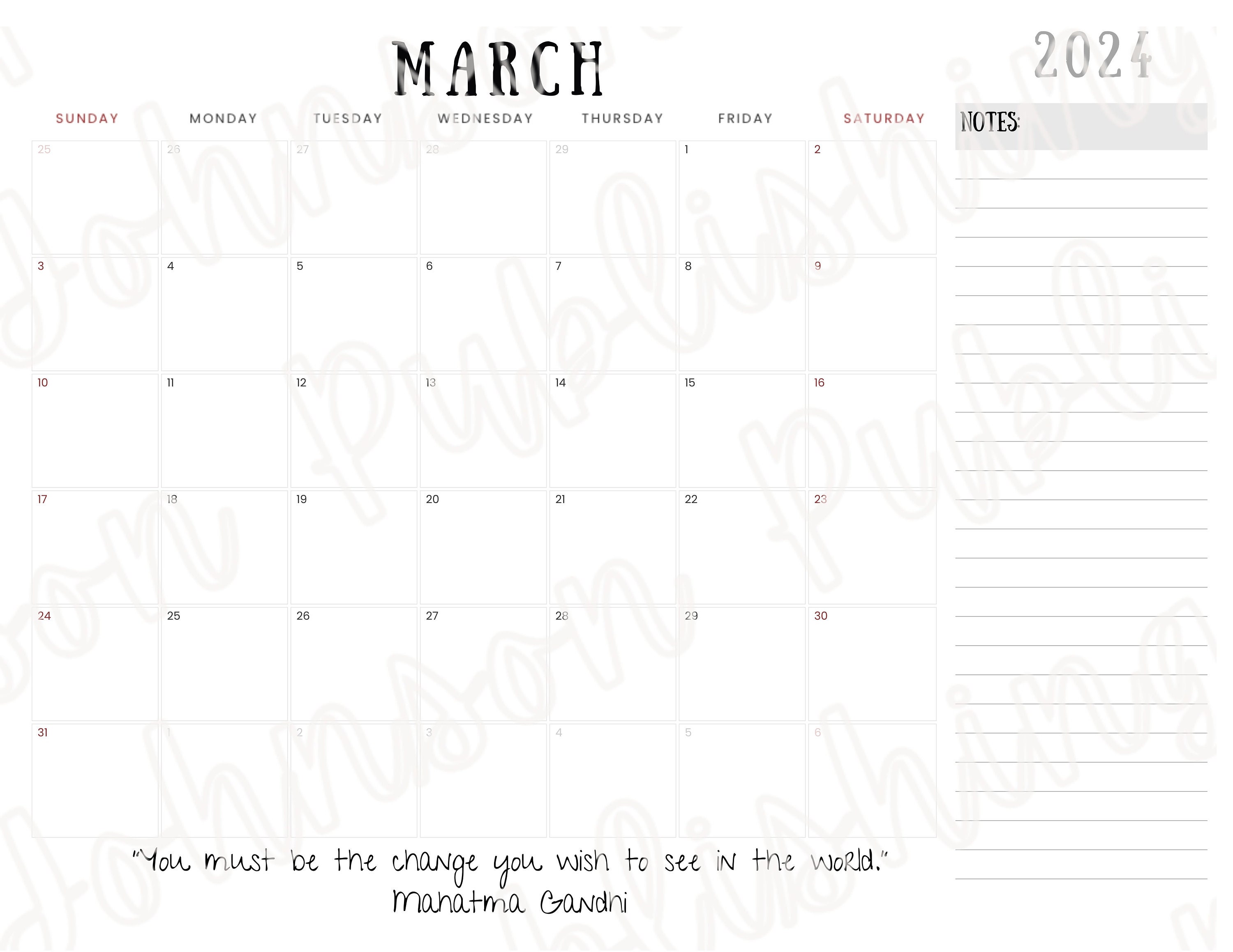 2024 Monthly Calendar Inspirational Quotes Printable landscape 11 X 8.5 ...