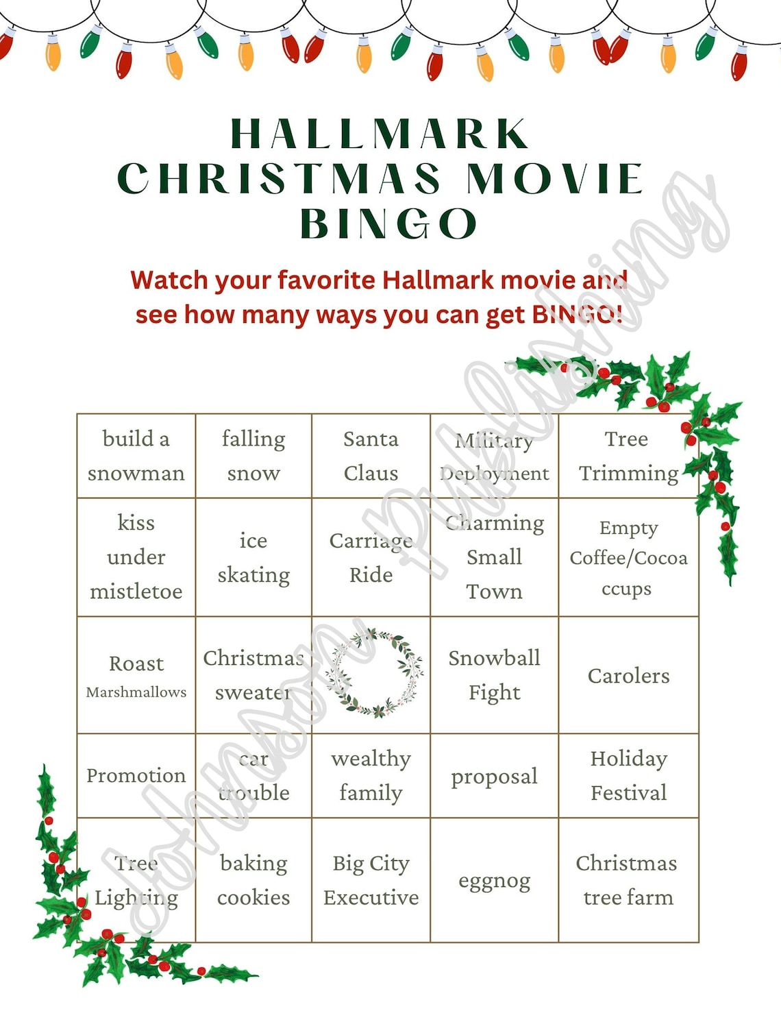 Hallmark Christmas Movie Bingo Cards Digital, Printable PDF Files. - Etsy