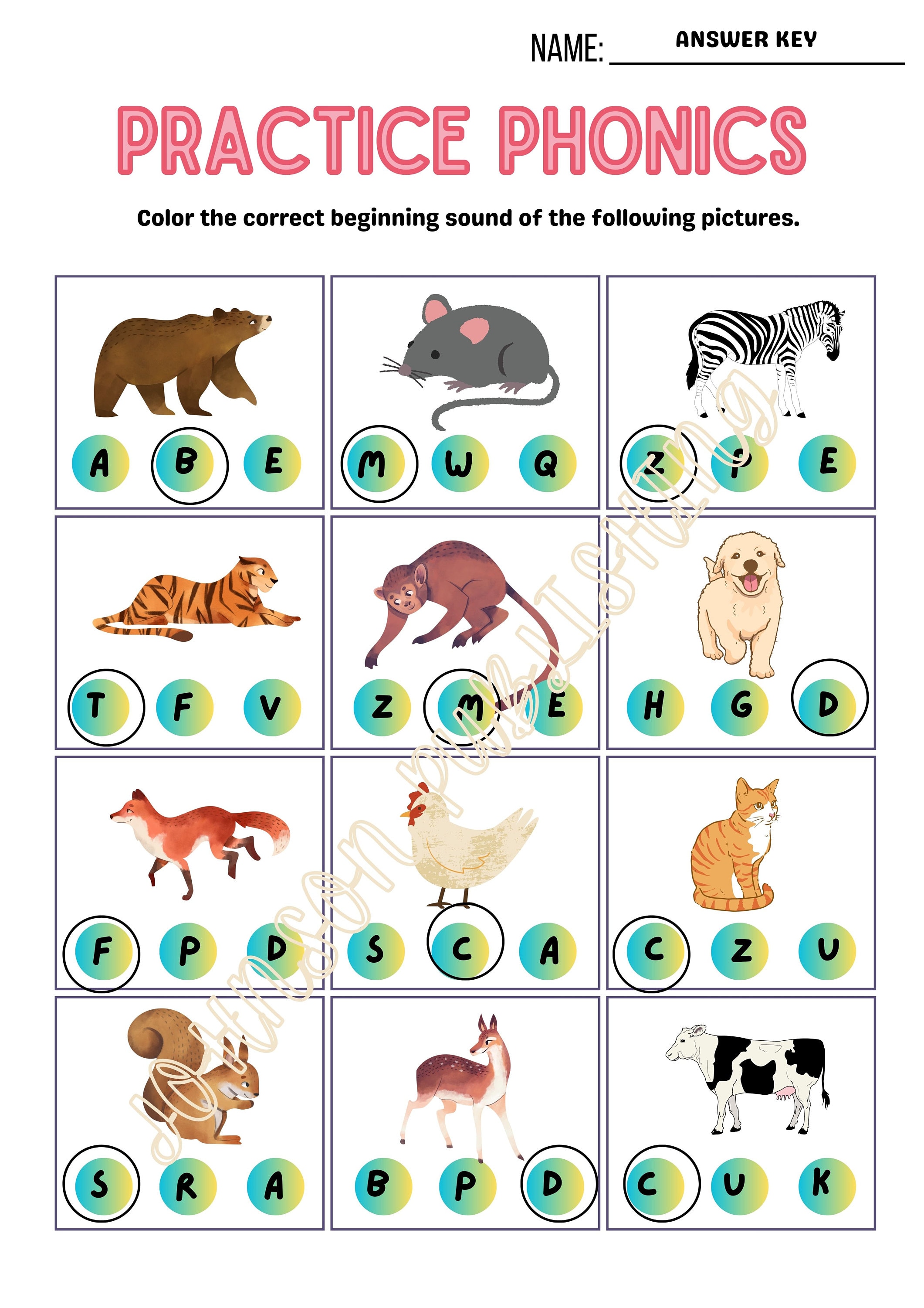 Phonics Practice Worksheet: Animals. Printable, Digital, Worksheet ...