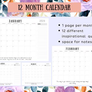2024 Monthly Calendar Inspirational Quotes Printable landscape 11 X 8.5 ...
