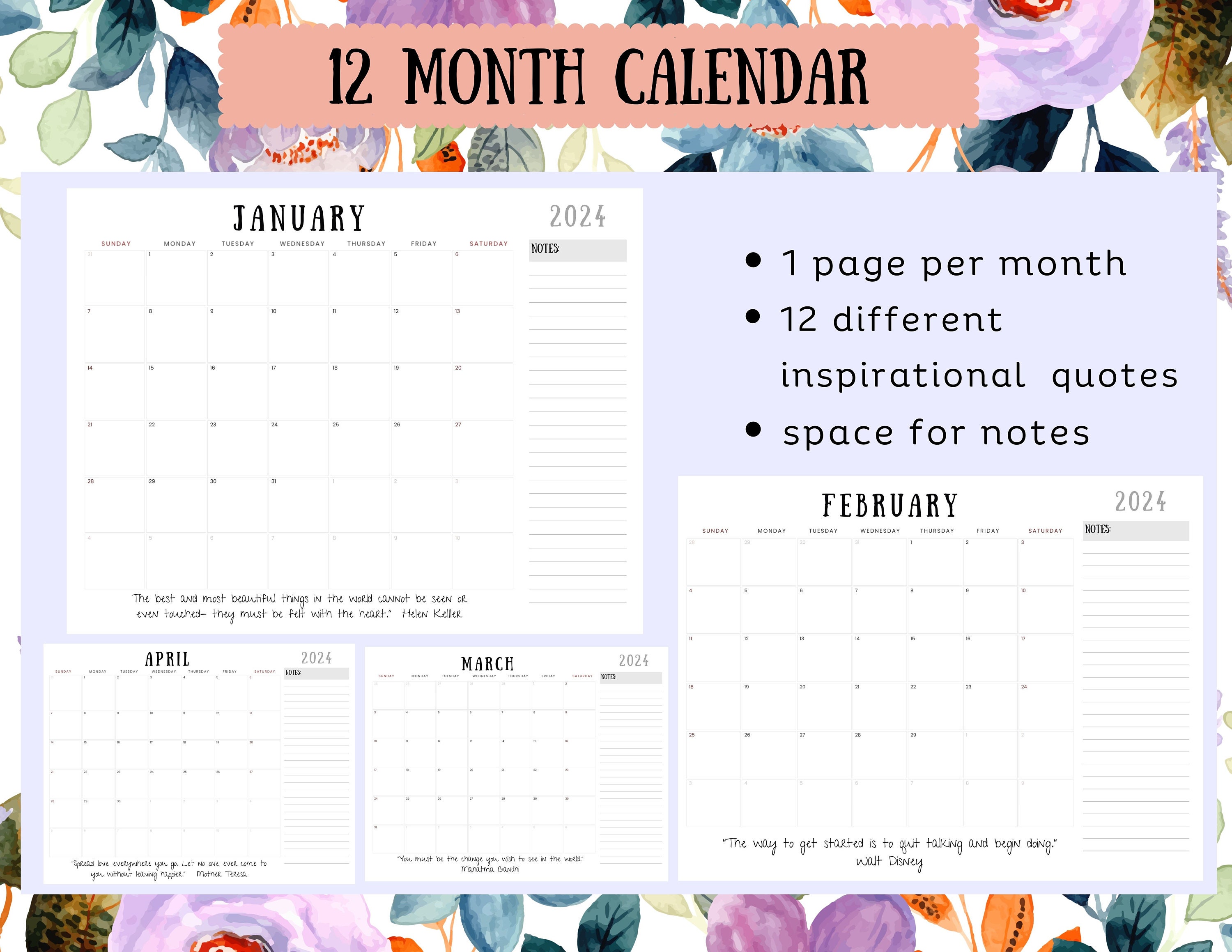 2024 Monthly Calendar Inspirational Quotes Printable landscape 11 X 8.5 ...